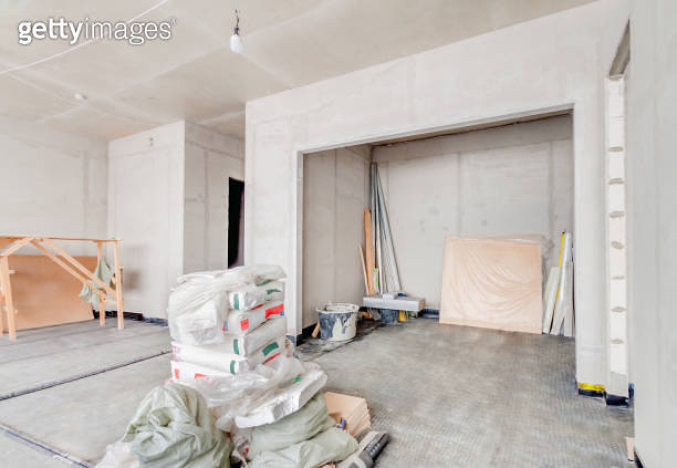 Renovation home. Building construction interior site with concrete ...