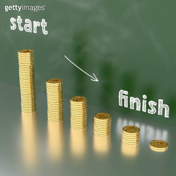 Money reduction concept image. Stacks of coins in a decrease financial concept. 3d rendering 이미지 ...