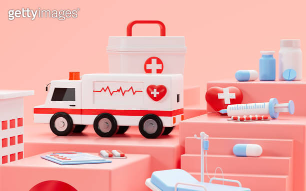 Ambulance and medical equipments with pink hospital scene, 3d rendering ...