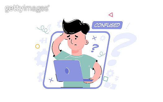 Confusion theme. Confused boy works at a computer having questions ...
