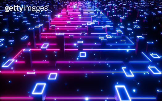 Glowing cubes and neon lines, neon tunnel and materials, 3d rendering ...