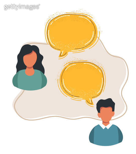 Cartoon vector illustration of man and woman chatting with speech ...