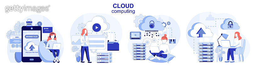 Cloud computing isolated set in flat design. People upload files, storage and processing data ...