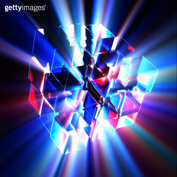 3d rendered abstract cubic shape with light rays and detailed ...