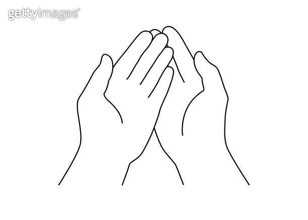 Two hand palms together open top view outline style with editable ...
