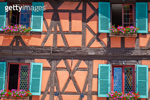 Colmar alsatian architecture at springtime with flowers, Eastern France ...