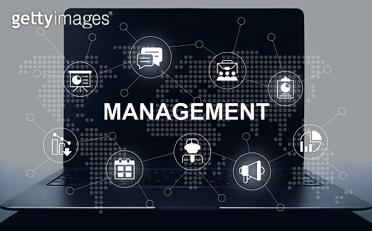 Global management program closeup concept image with white glyph icons ...