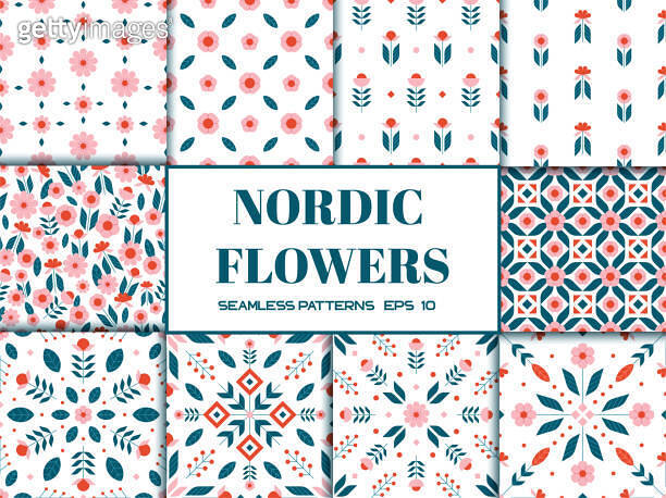Big set of Scandinavian nordic floral seamless pattern with simple ...