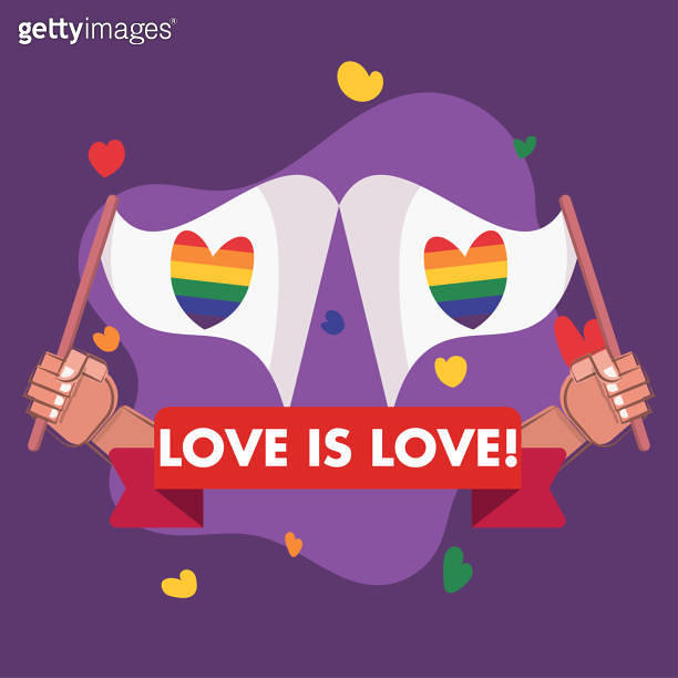 Hands holding love is love lgbt poster. People crowd with rainbow flag ...