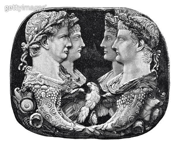 Claudius, Roman emperor and his wife Agrippina on the left side; Livia ...