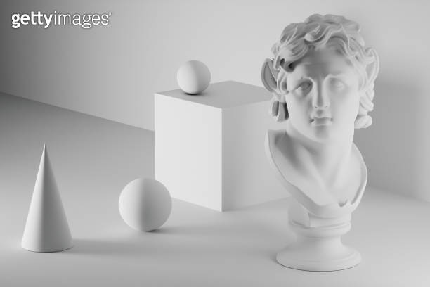 classical installation still life, with antique sculpture triton head ...