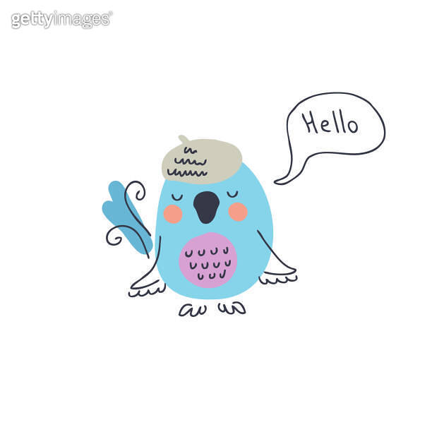 Cute blue bird say hello vector illustration. Hand drawn lilac breasted ...