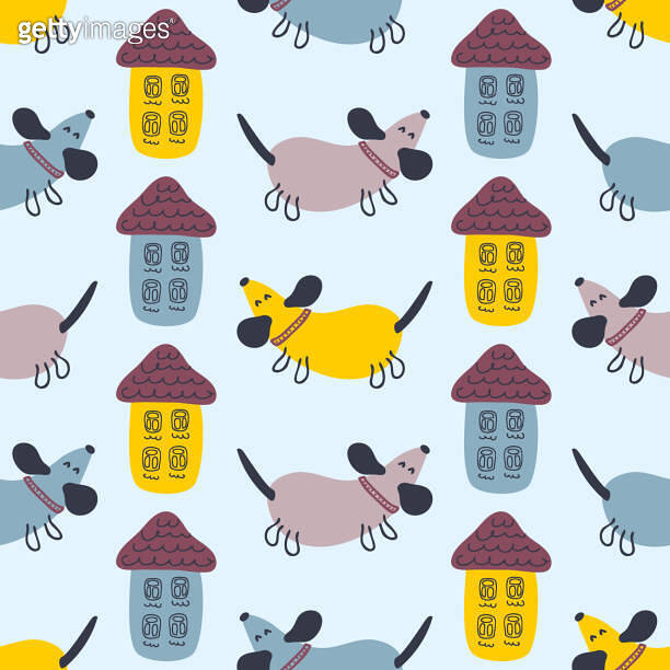 Hand drawn childish seamless pattern with dachshunds and houses ...