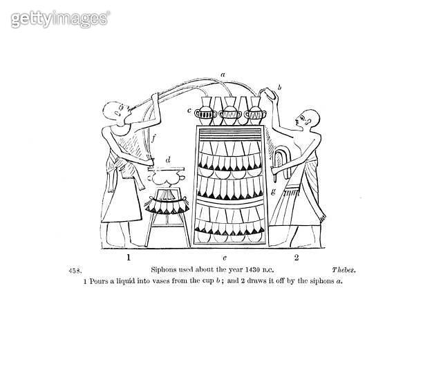 Victorian black and white engraving; Thebes depicting egyptians using ...