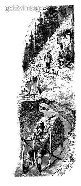 19th c engravings life in the Tyrolese mountains no text; men on ...