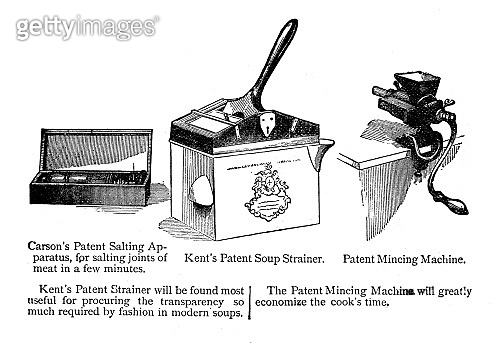 Victorian black and white engravings kitchen utensils; food preperation ...
