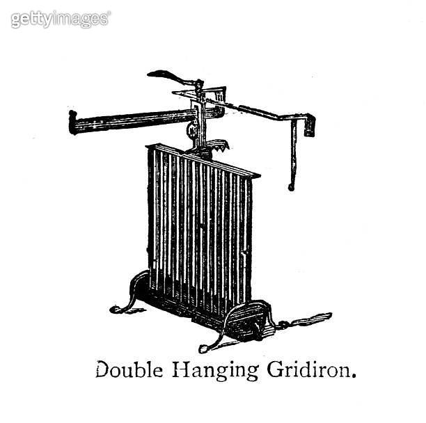 19th century kitchen implements; Double hanging grid iron; engravings ...