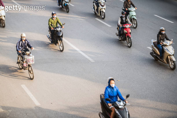 High angle view of crowded highway with motor scooters traffic ...