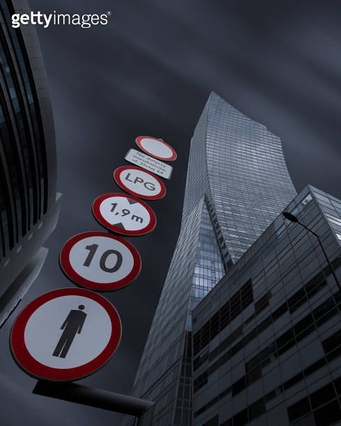 Dramatic landscape of Warsaw. Skyscrapers. Road signs. 이미지 (1398701705 ...