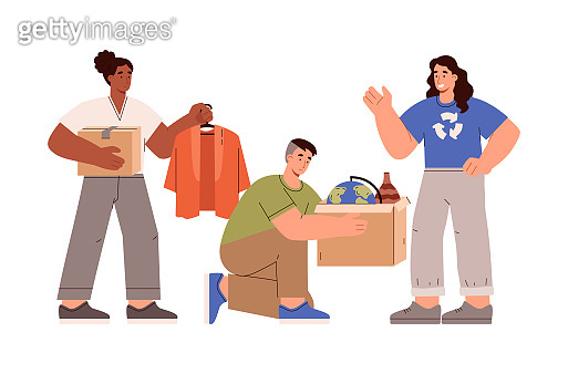 People collecting used things for recycling or charity, flat vector ...