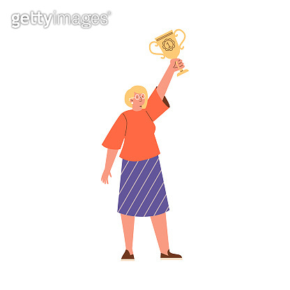 Happy woman lifting trophy cup prize, flat cartoon vector illustration ...
