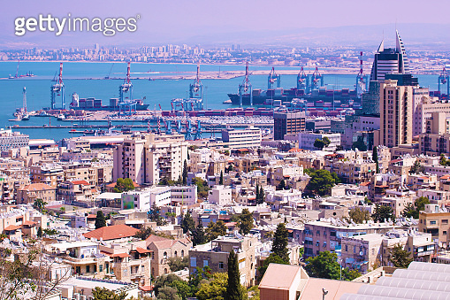 Panoramic view of the harbor port of Haifa, with downtown Haifa, the ...