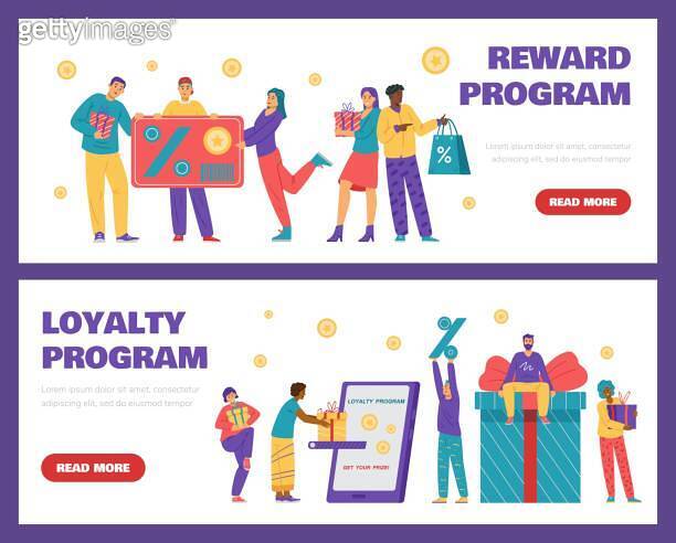 Reward program vector banner. People get prize, gift and bonus because ...