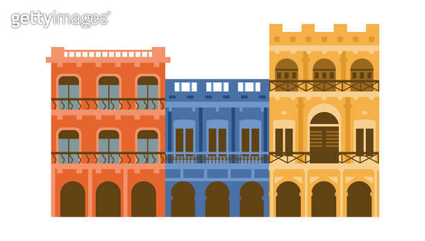 Havana Cuba street colonial buildings, flat vector illustration ...