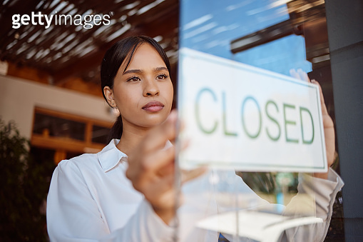 Restaurant small business, closed sign and waiter woman at local coffee ...