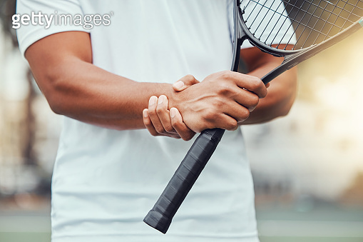 Closeup of unknown indian tennis player suffering from wrist injury in ...