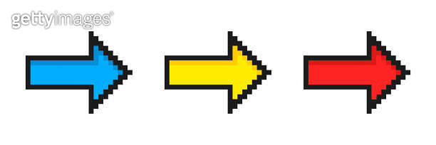 Set of pixel arrows. Collection of colored cursors. 8-bit pointers ...