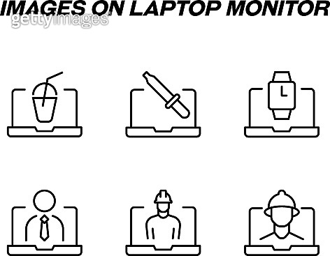 Items on laptop monitor pack. Modern vector monochrome signs. Line icon ...