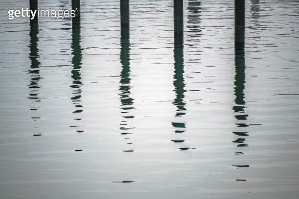 Black mooring piles or dolphins with reflection in the water in an ...