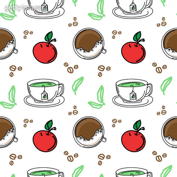 A seamless drawing of hot breakfast drinks. Hand-drawn doodle-style ...