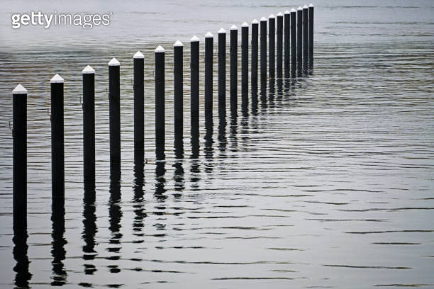 Black mooring piles or dolphins from concrete in the water, end of the ...