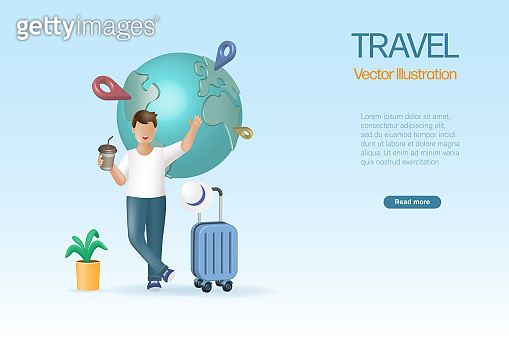 Travel concept. Happy man with luggage and travel destinations on globe ...