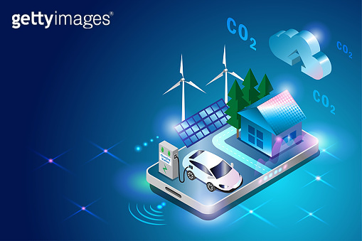 CO2 carbon emissions concept. Green alternative consumption energy with ...