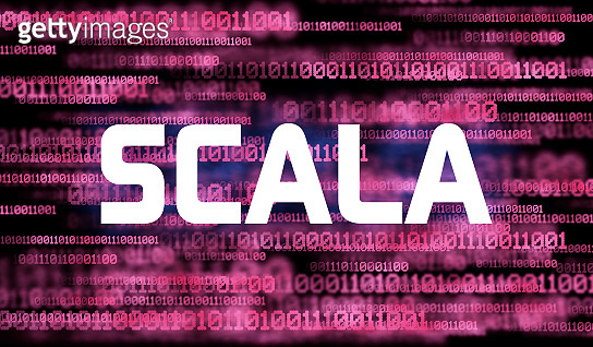 Word SCALA and abstract cyberspace with binary code on dark background ...