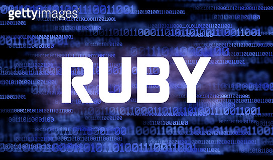 Word Ruby and abstract cyberspace with binary code on dark background ...