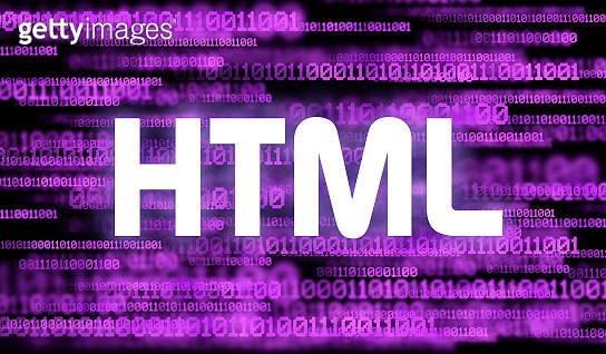 Word HTML and abstract cyberspace with binary code on dark background 이미지 (1387632116) - 게티이미지뱅크