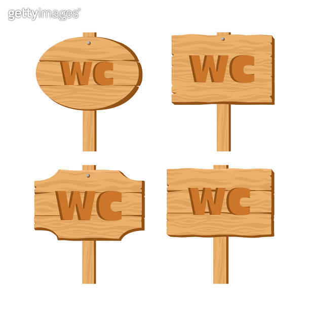 Set of wooden WC signs vector illustration in cartoon style. Rough ...