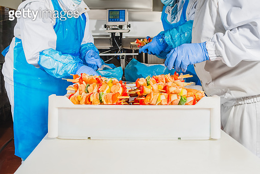 Group of workers pack chicken skewers into boxes on poultry factory ...