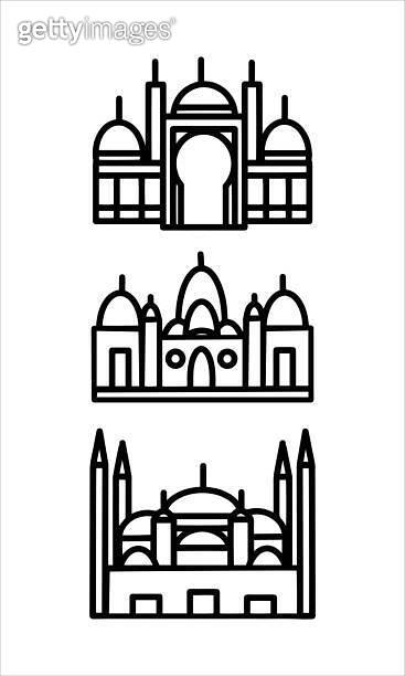 Set of 3 mosque line art icon (1365163794) 일러스트, 무료 일러스트 - 게티이미지뱅크