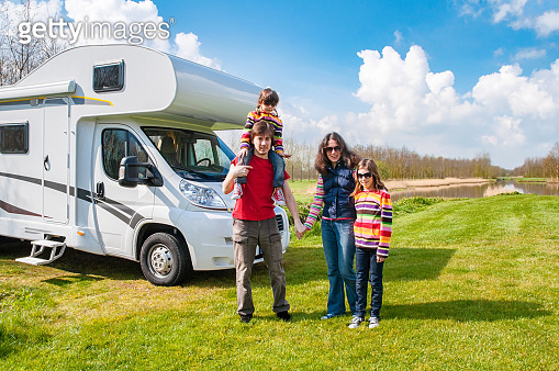 Family vacation, RV travel with kids, happy parents with children have ...