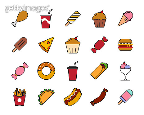 set of simple food icon design, cute cartoon illustration of menu ...