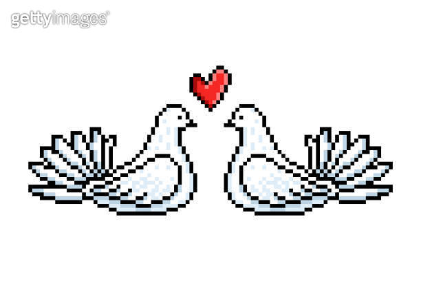 Couple of white doves with red heart, pixel art symbol isolated on ...