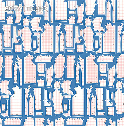 Tailoring. Pattern on a blue background. Paper patterns with pins ...