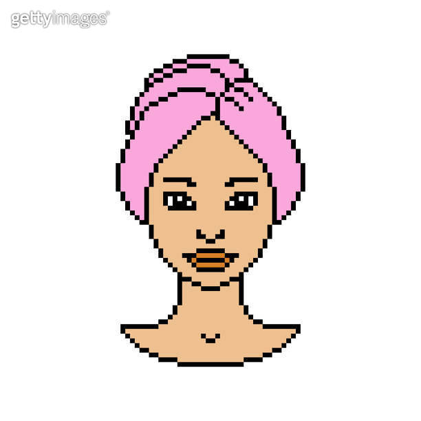 Pixel art portrait of asian woman in a pink head towel after a shower ...