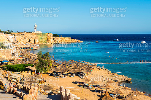 Beautiful top view of popular Farsha cafe on shore of Red Sea in Hadaba ...