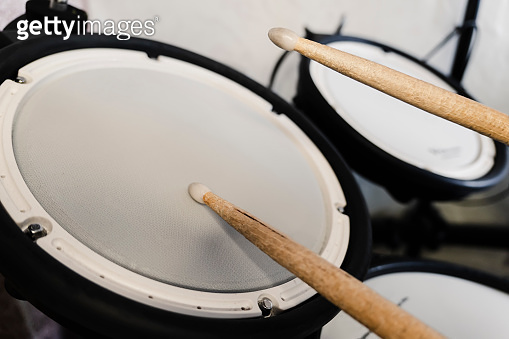 Musician equipment. close up of a modern black electronic drum or e ...